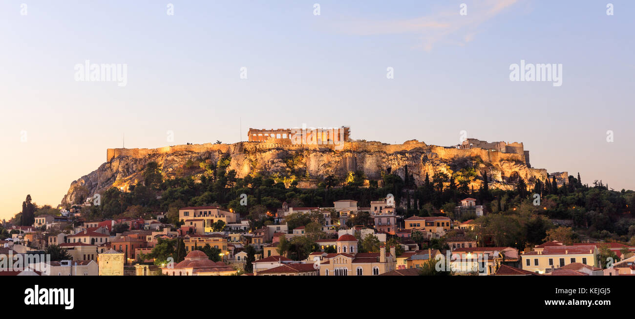 Athens, Greece. Illuminated Acropolis rock and Plaka at sunrise, blue ...