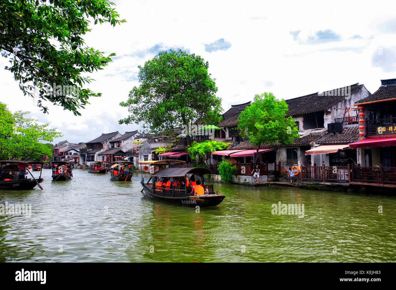 August 8, 2015. Xitang Town, China. Tourist boats on the water canals ...