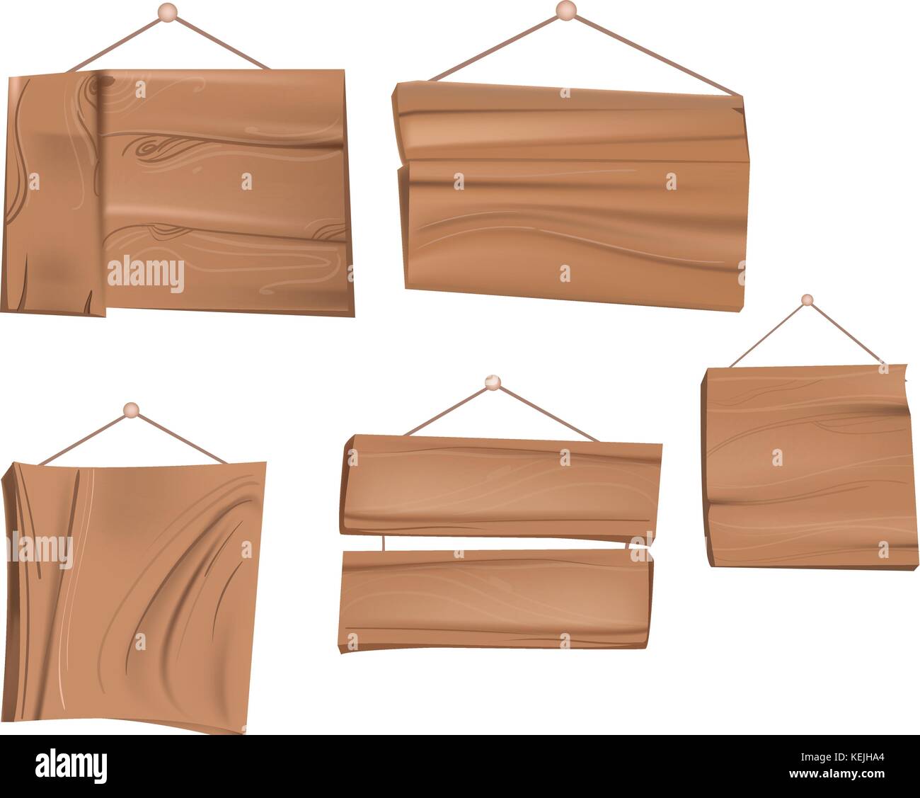 Set of wooden plaques in cartoon style. Wooden boards with rope hanging ...