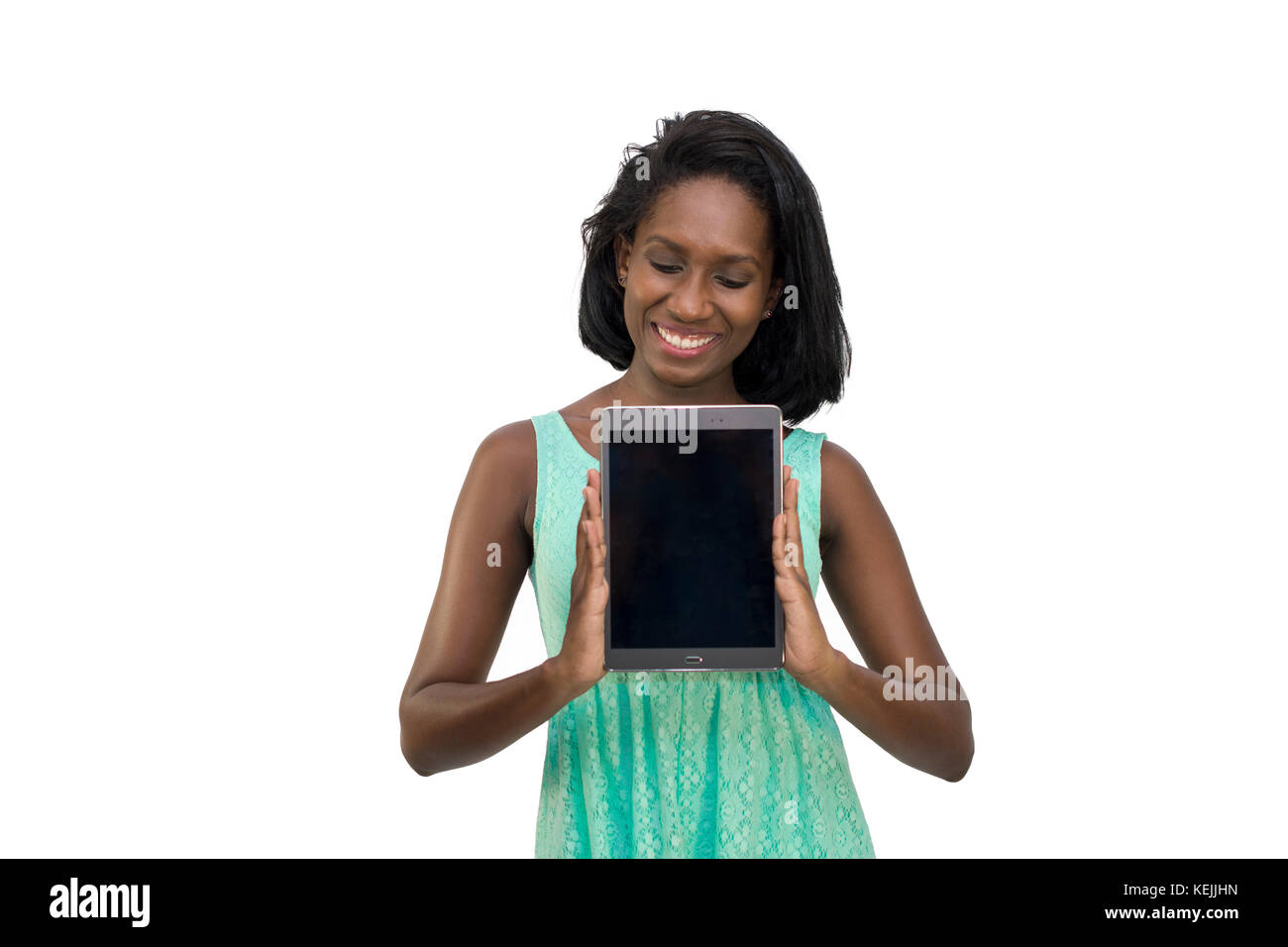 Woman showing tablet screen Stock Photo - Alamy