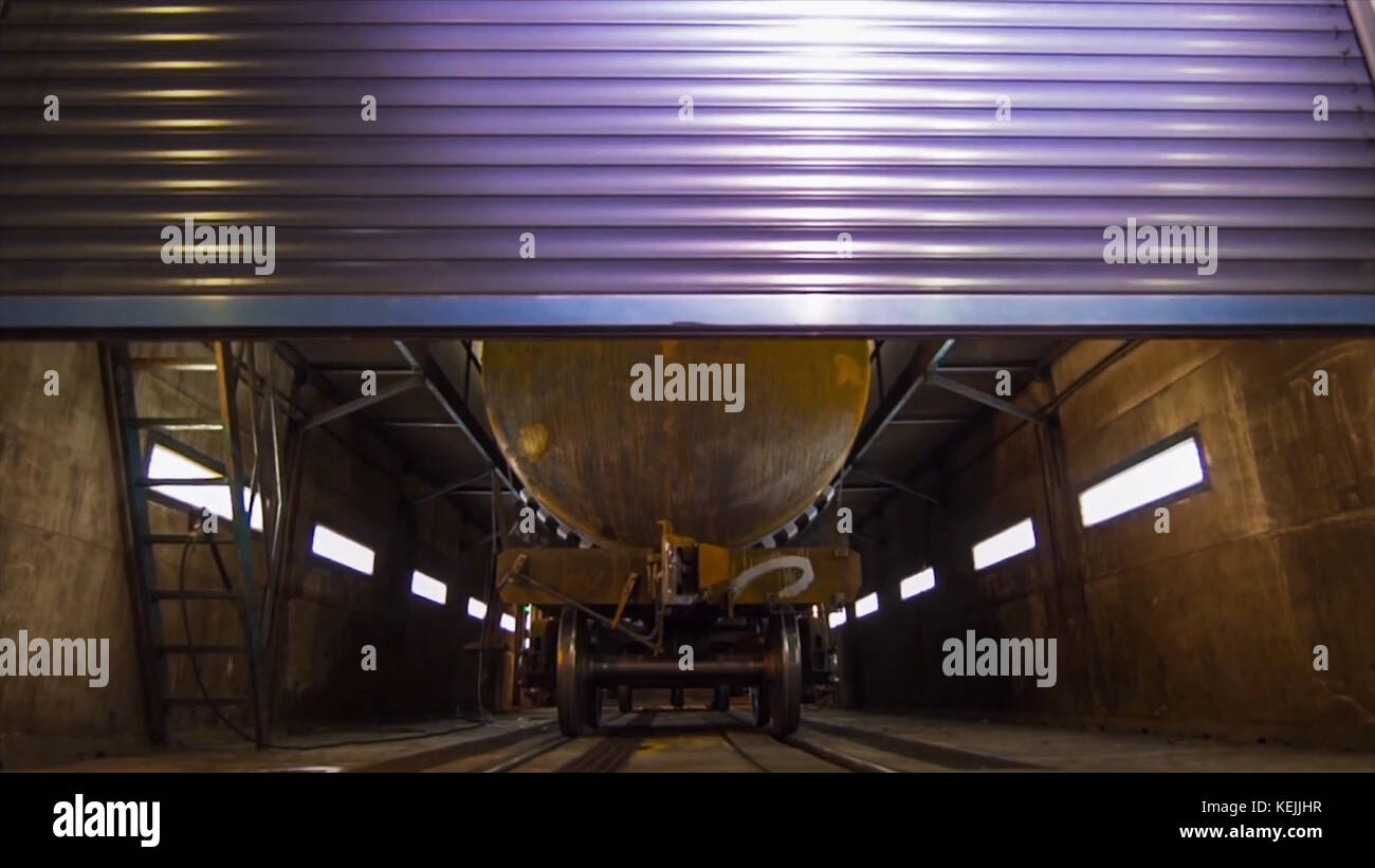 Freight wagon for oil in Hangar. demonstration of a freight wagon ...