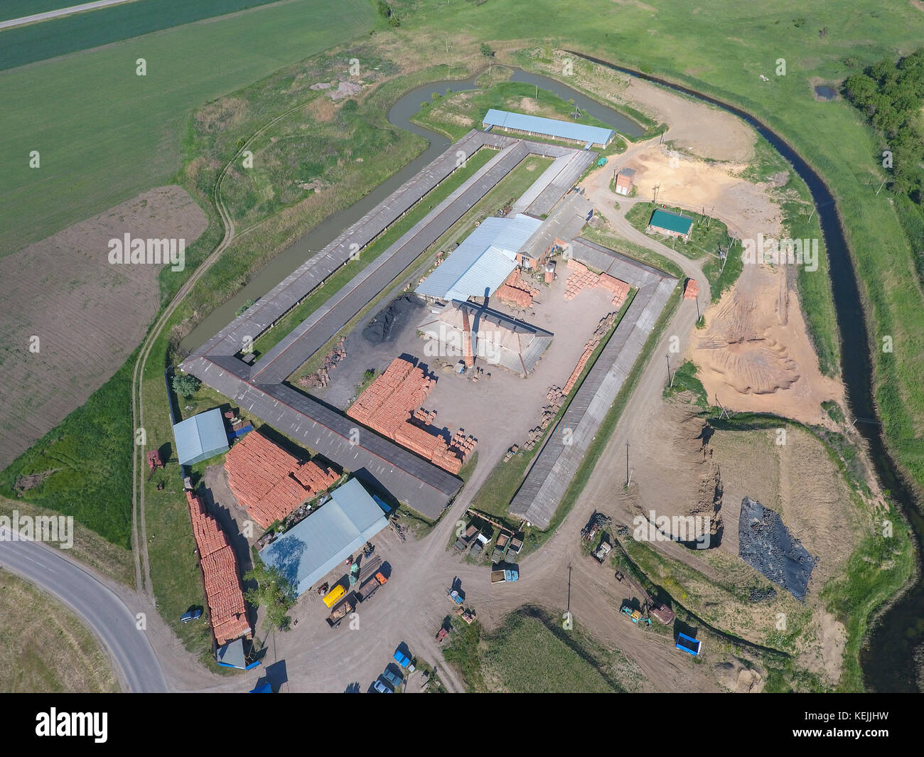 Brick production plant. Top view of a small factory for firing bricks ...