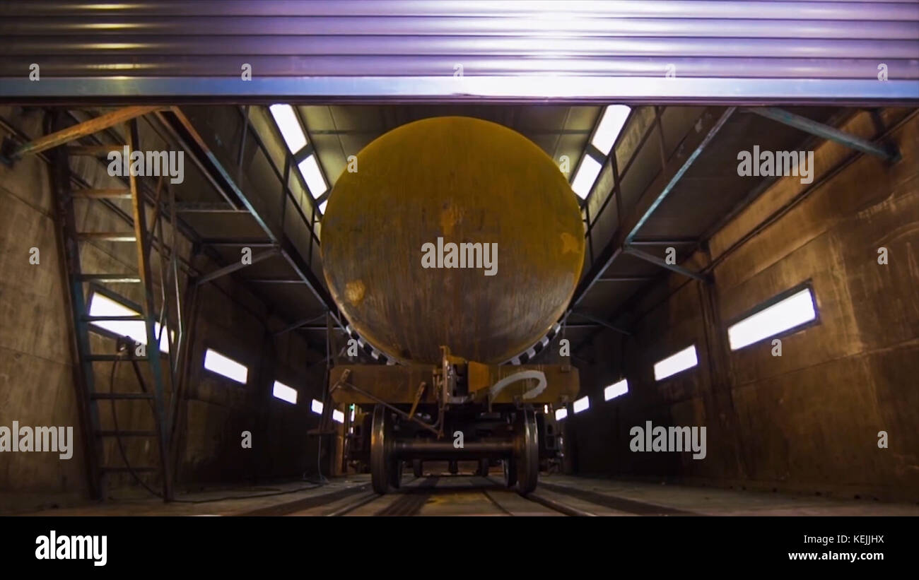 Freight wagon for oil in Hangar. demonstration of a freight wagon ...