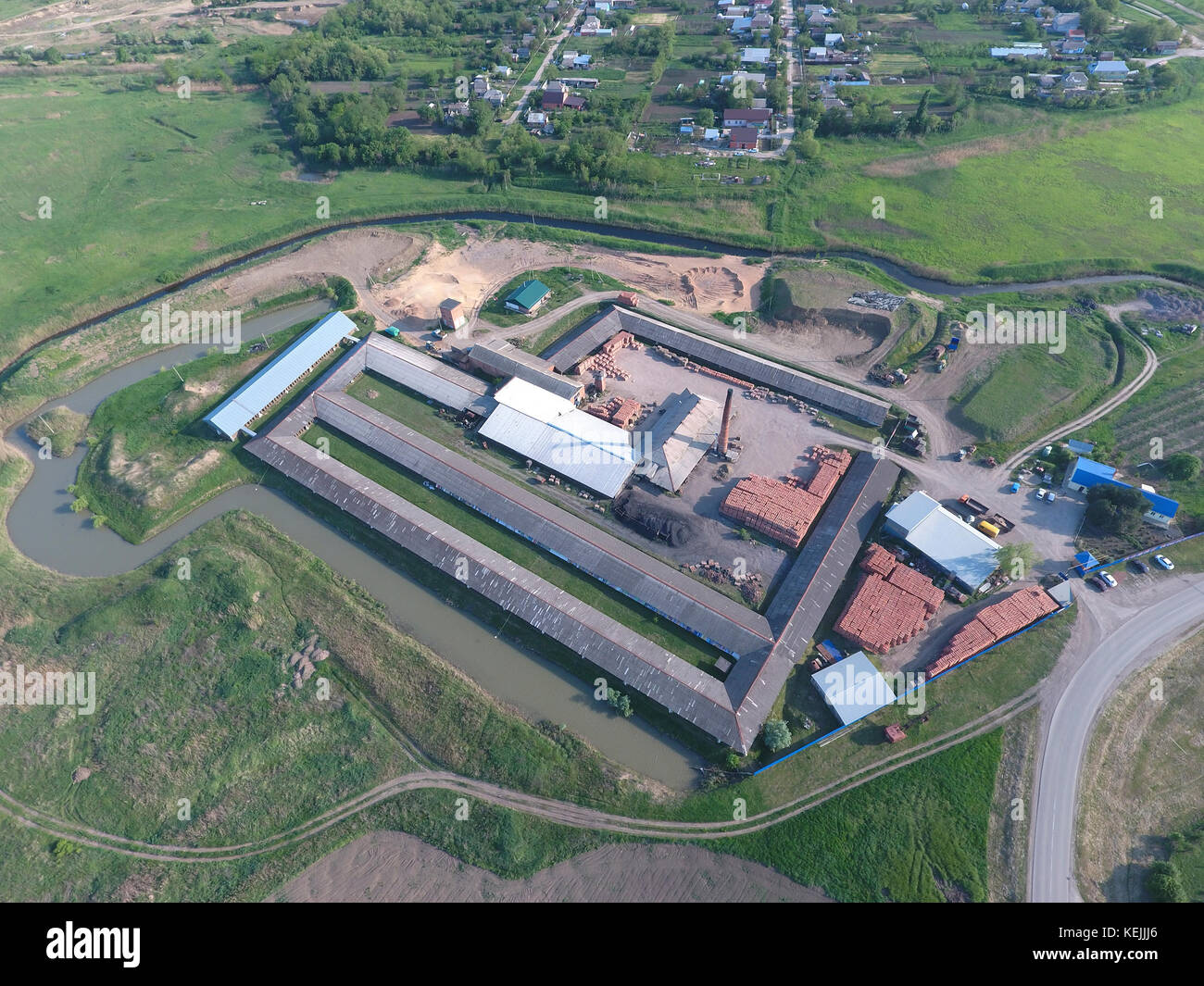 Brick production plant. Top view of a small factory for firing bricks ...
