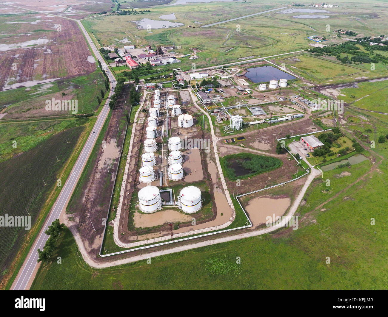 Aerial view of oil storage tanks. Industrial facility for the storage ...