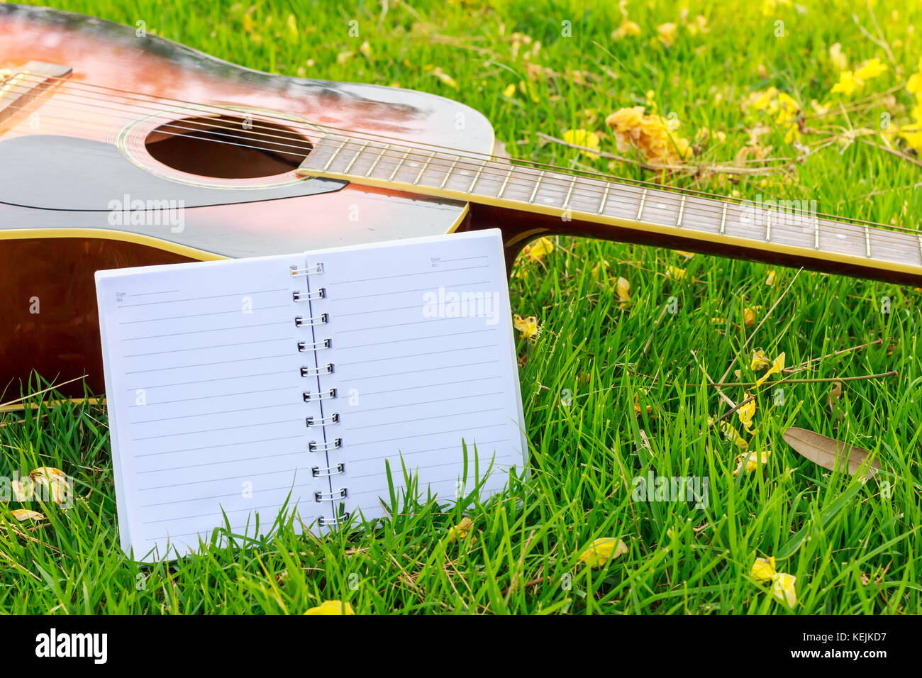 Paper for writing songs with a guitar on the lawn background Stock ...