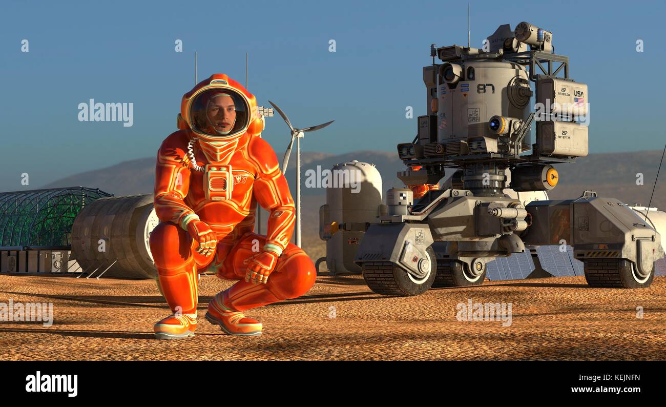 3D Illustration. Mars colony. Expedition on alien planet. Life on Mars ...