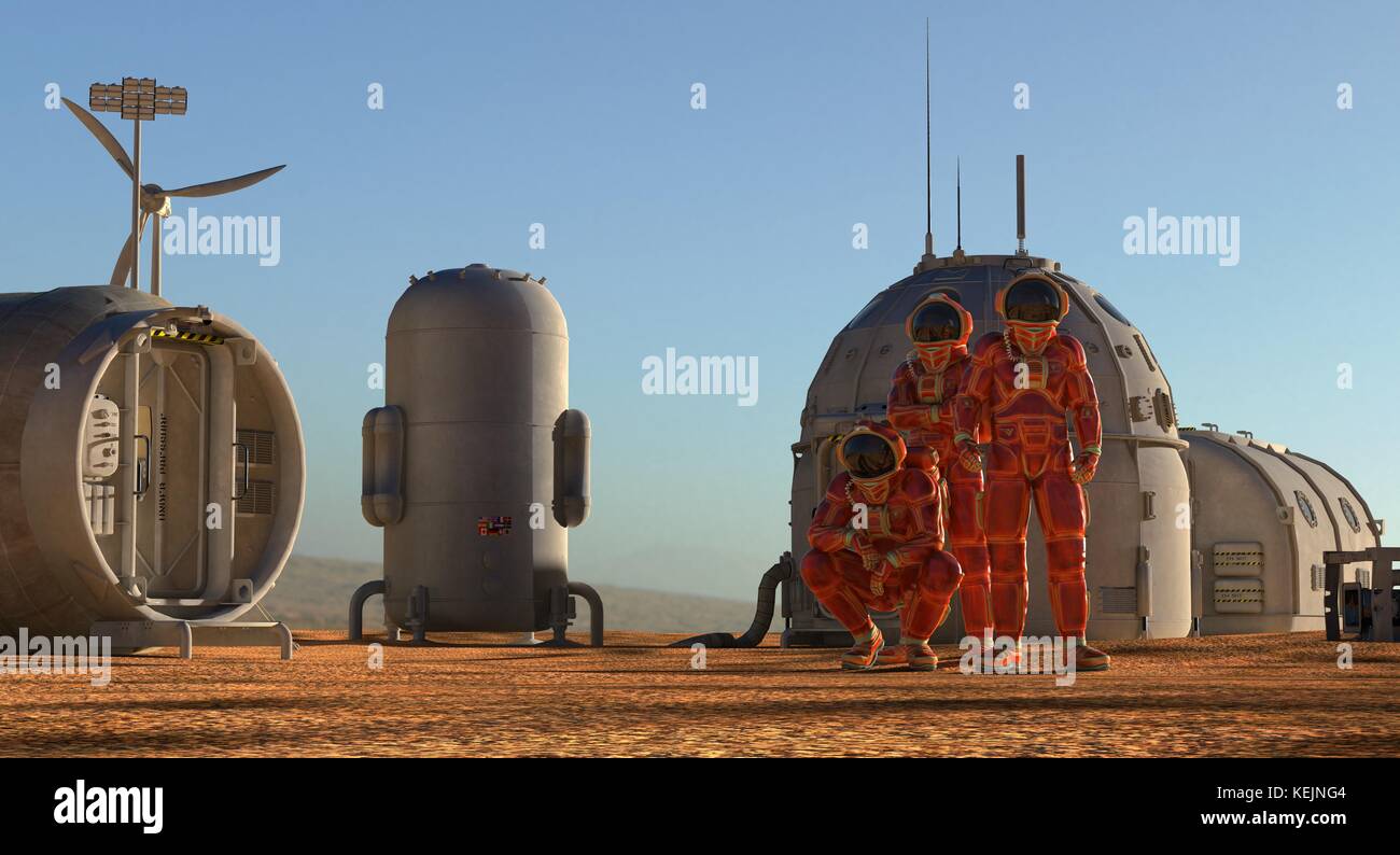 3D Illustration. Mars colony. Expedition on alien planet. Life on Mars ...