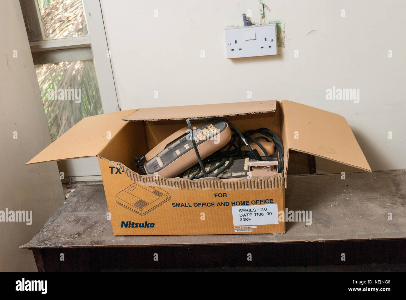 Vintage telephone in cardboard box - Abandoned sanatorium - hospital ...