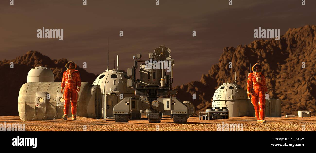 3D Illustration. Mars colony. Expedition on alien planet. Life on Mars ...
