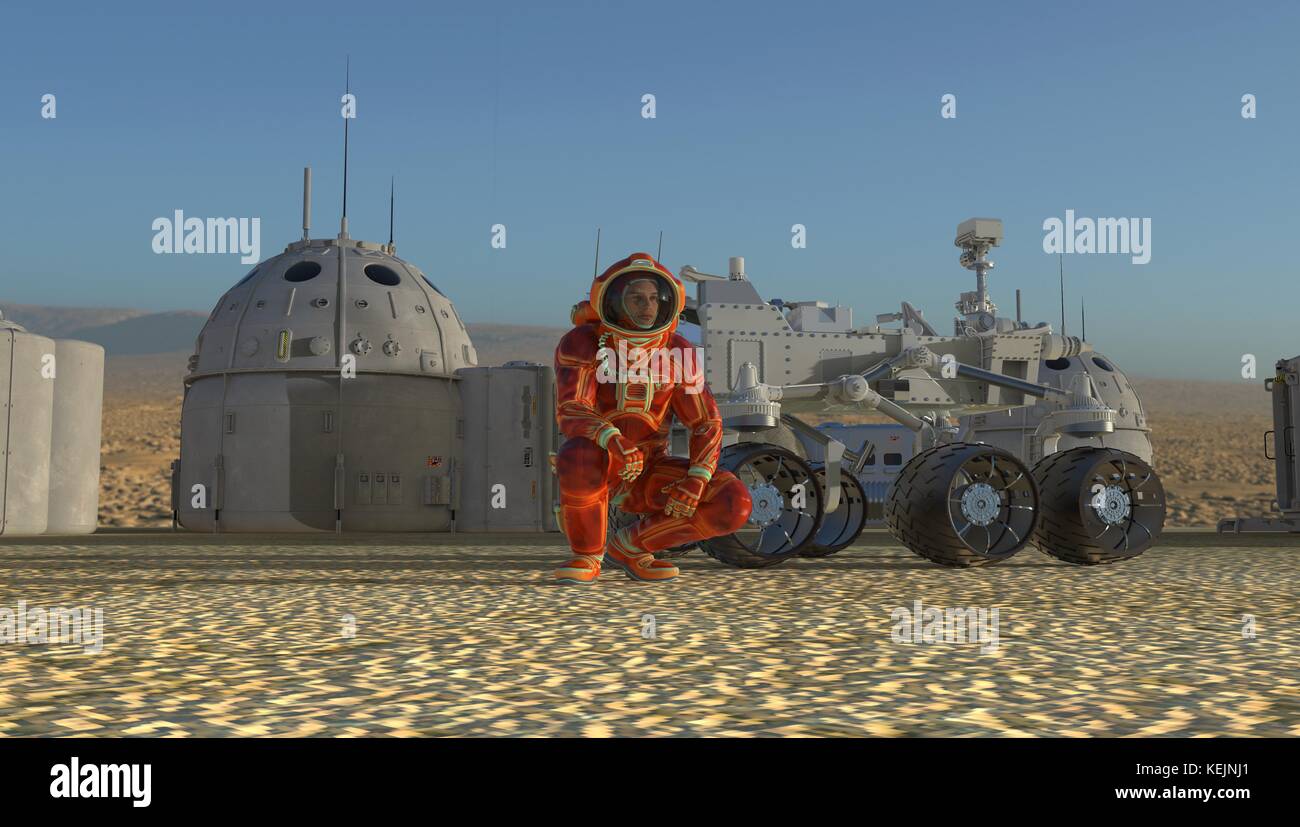 3D Illustration. Mars colony. Expedition on alien planet. Life on Mars ...