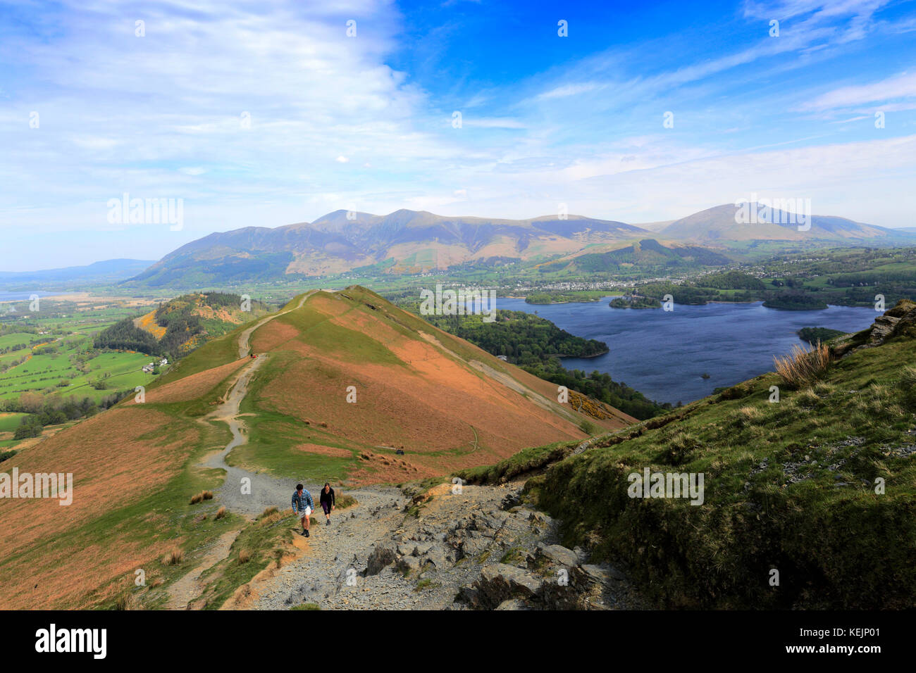Walkers on Catbells fell, Lake and Derwentwater, Lake District National ...