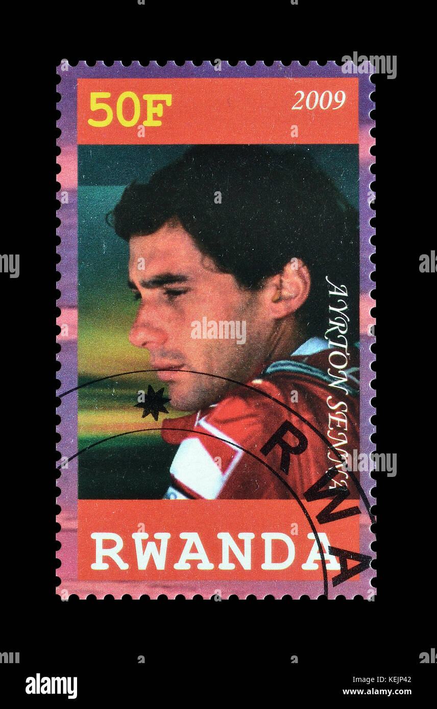 Cancelled postage stamp printed by Rwanda, that shows Ayrton Senna ...
