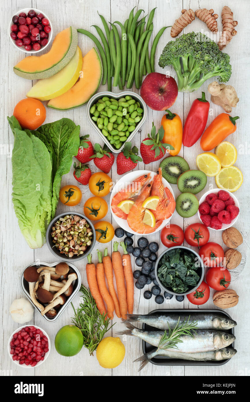 Healthy food nutrition concept with fresh seafood, fruit, vegetables ...