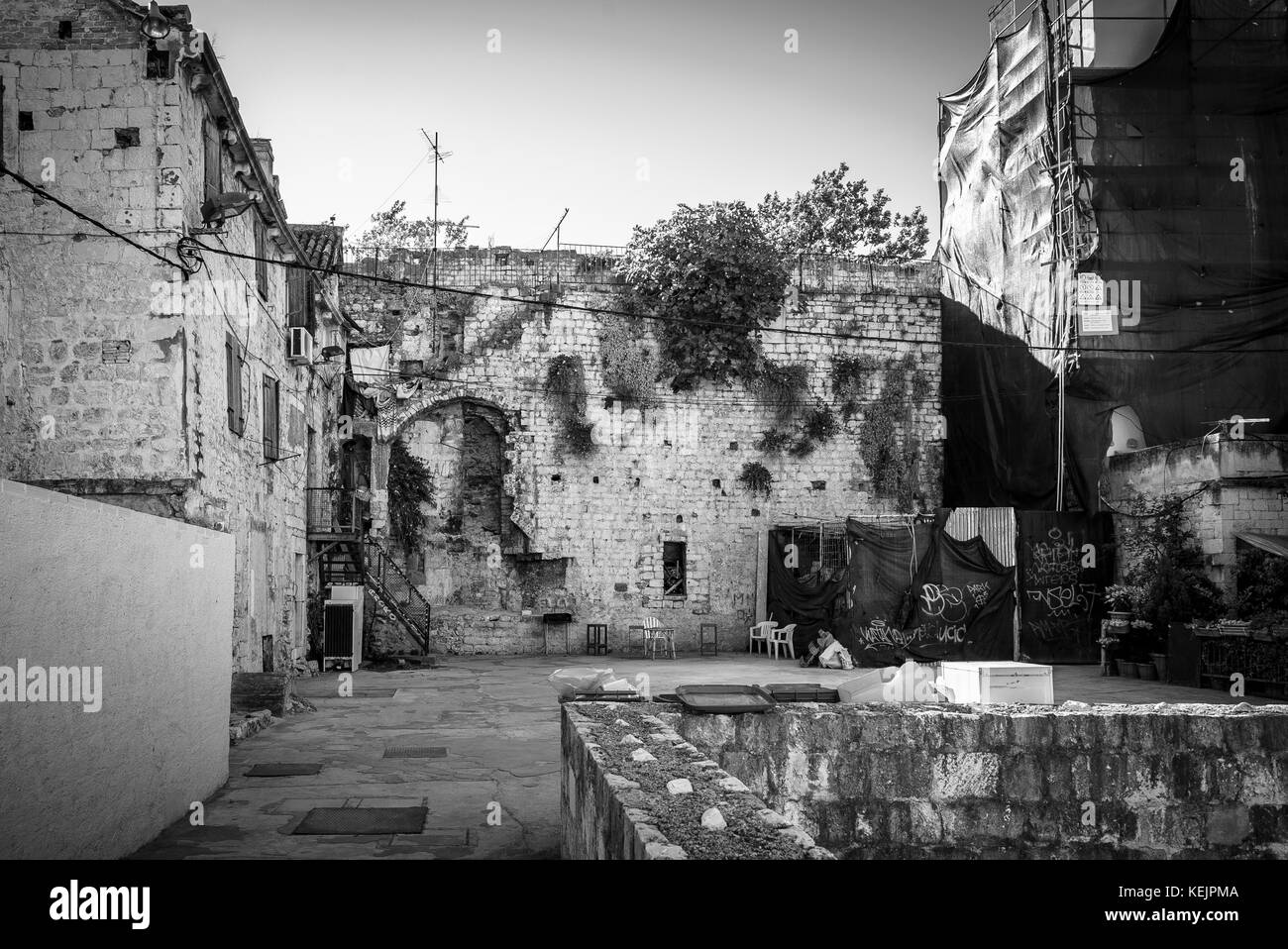 A remnant of the medieval wall that surrounds the Old Town in Split ...