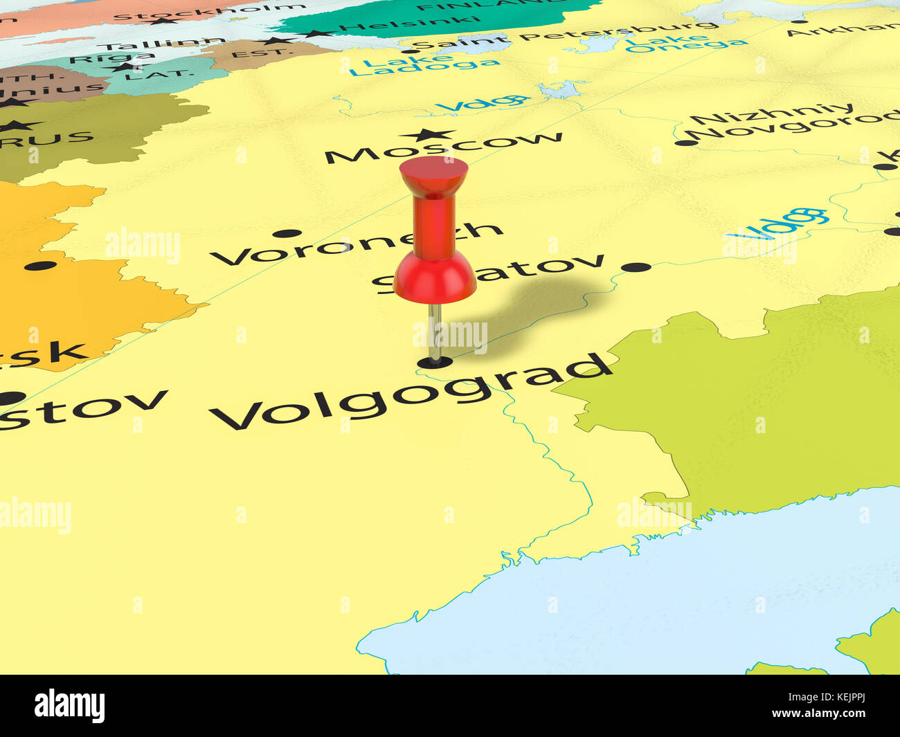 Pushpin on Volgograd map background. 3d illustration Stock Photo - Alamy