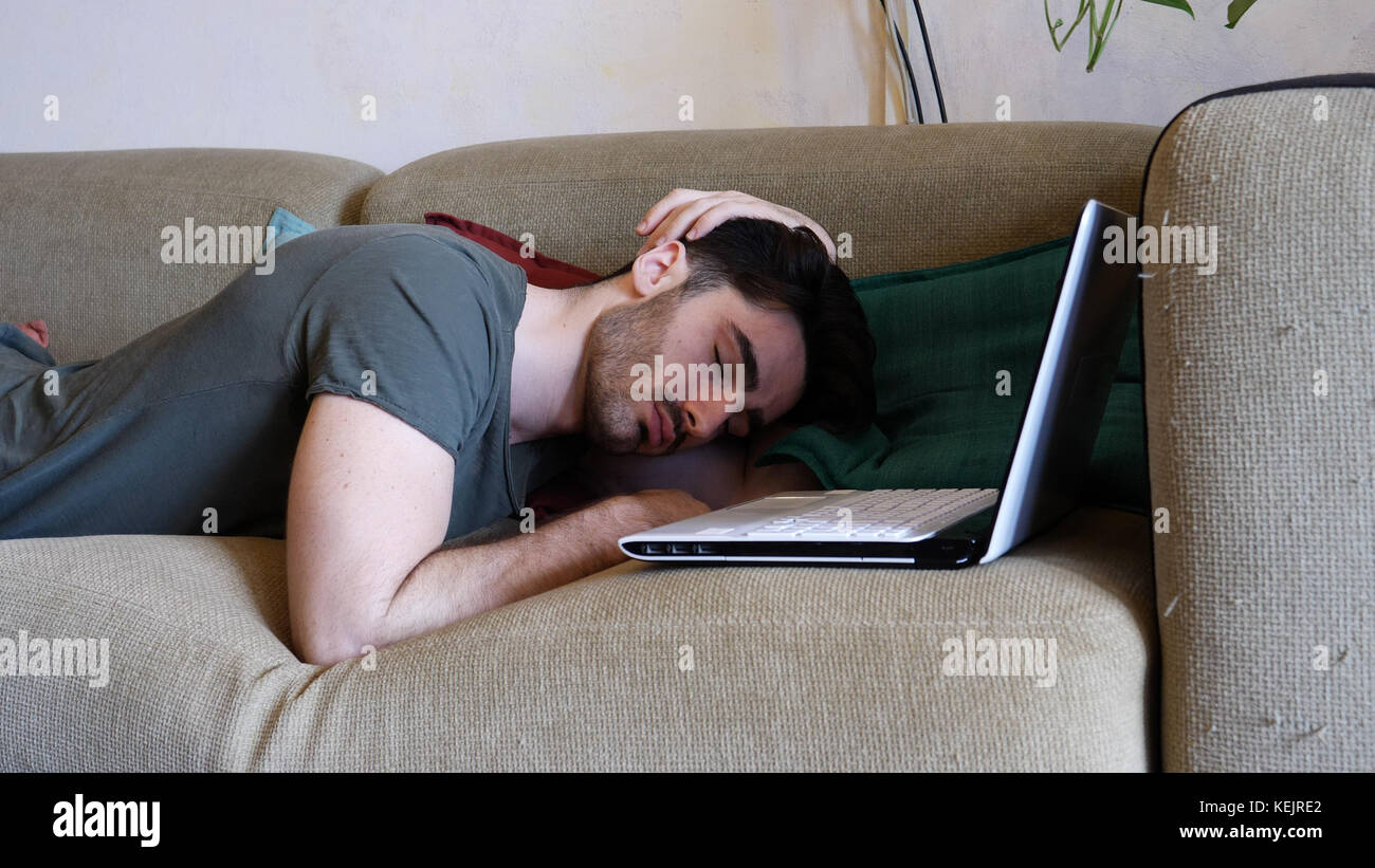 Close Up of Tired Young Man with Dark Hair Falling Asleep while Working ...