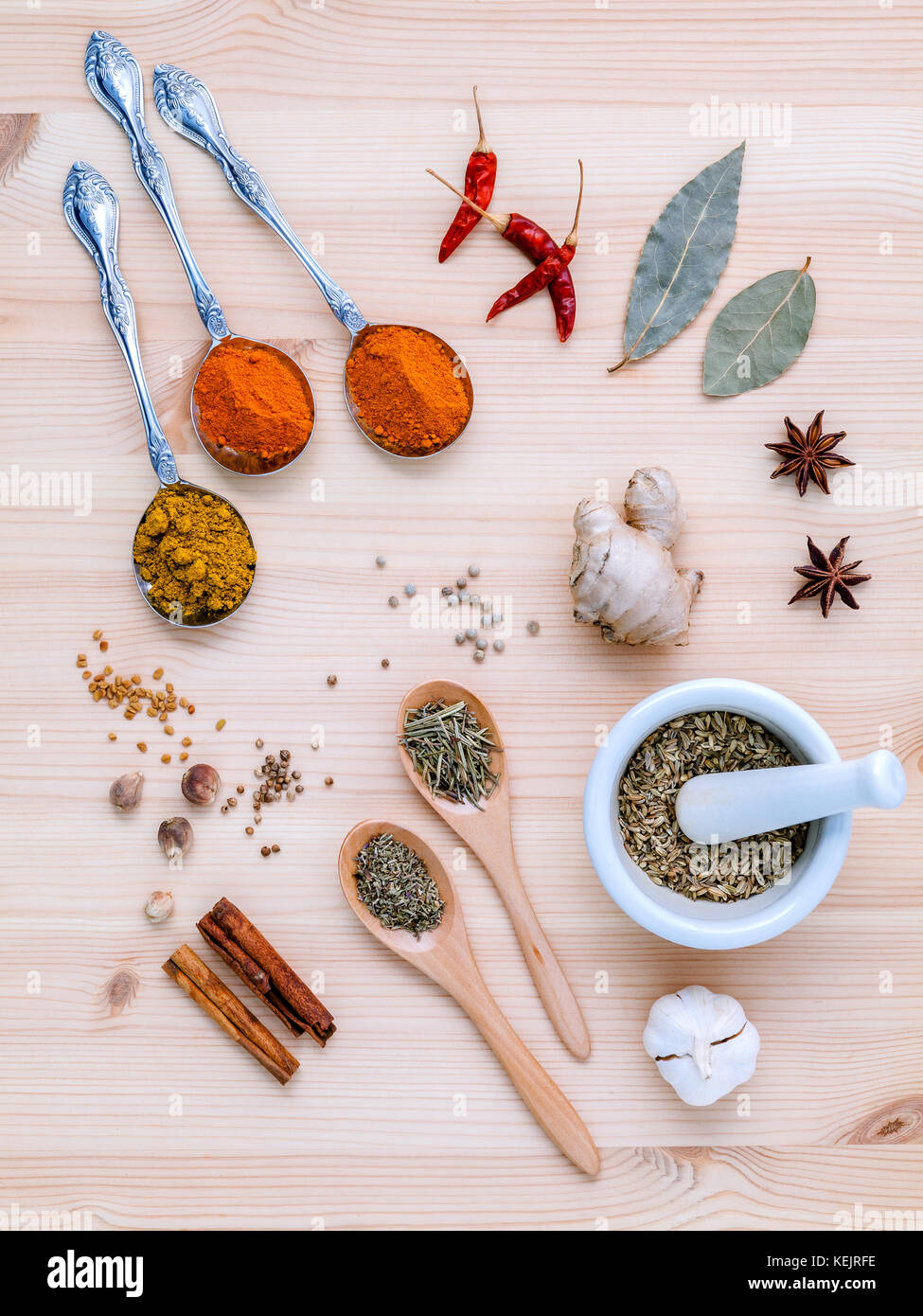 Assorted of dried spices white pepper,cumin ,bay leaf,cinnamon,star ...