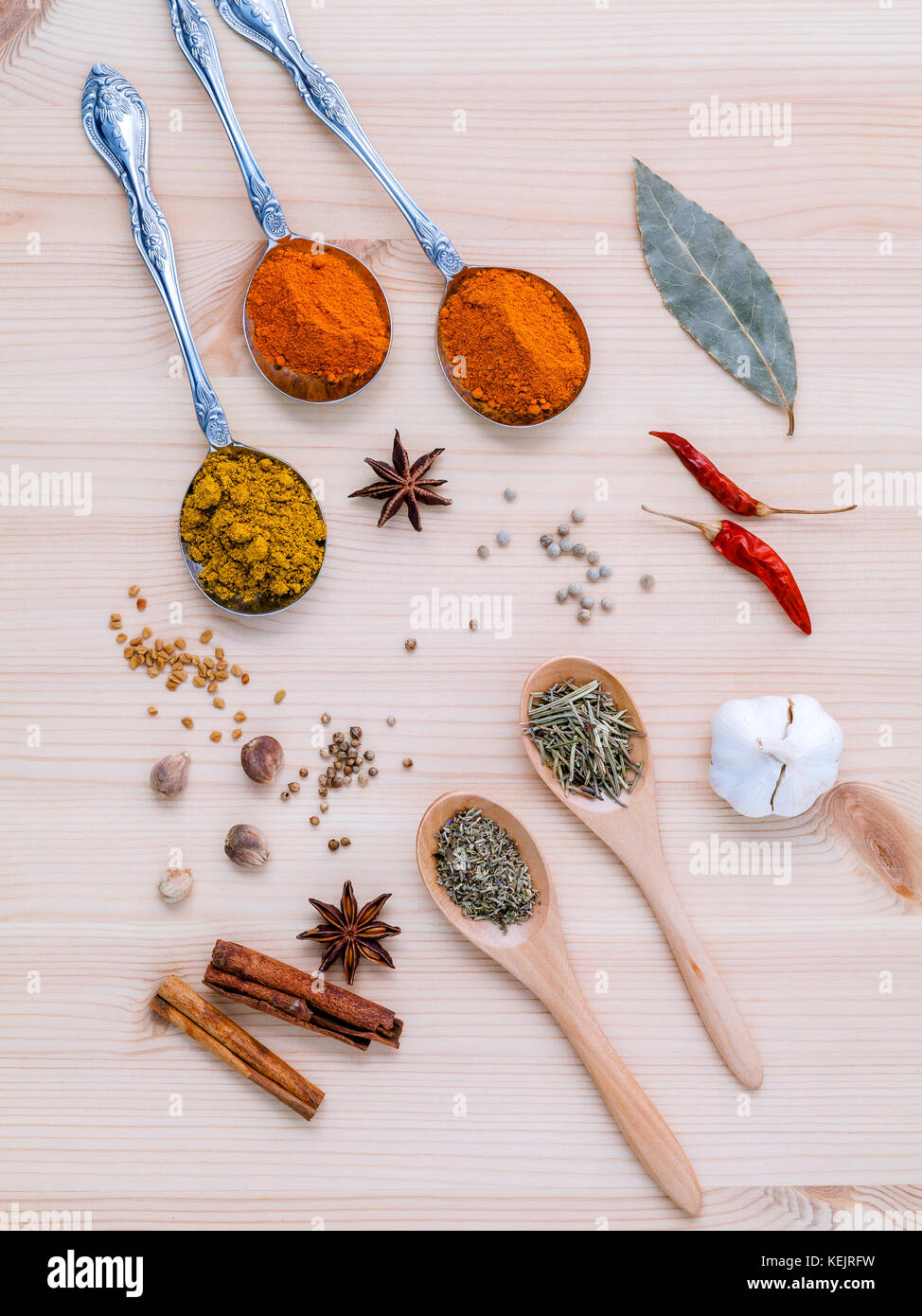 Assorted of dried spices white pepper,cumin ,bay leaf,cinnamon,star ...