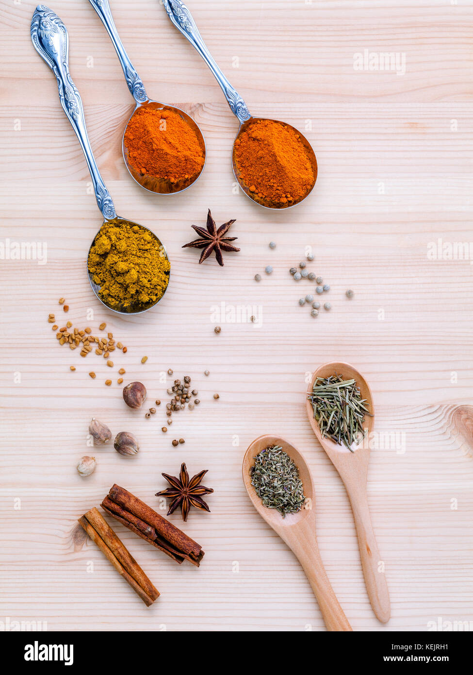 Assorted of dried spices white pepper,cumin ,cinnamon ,thyme ,chili ...