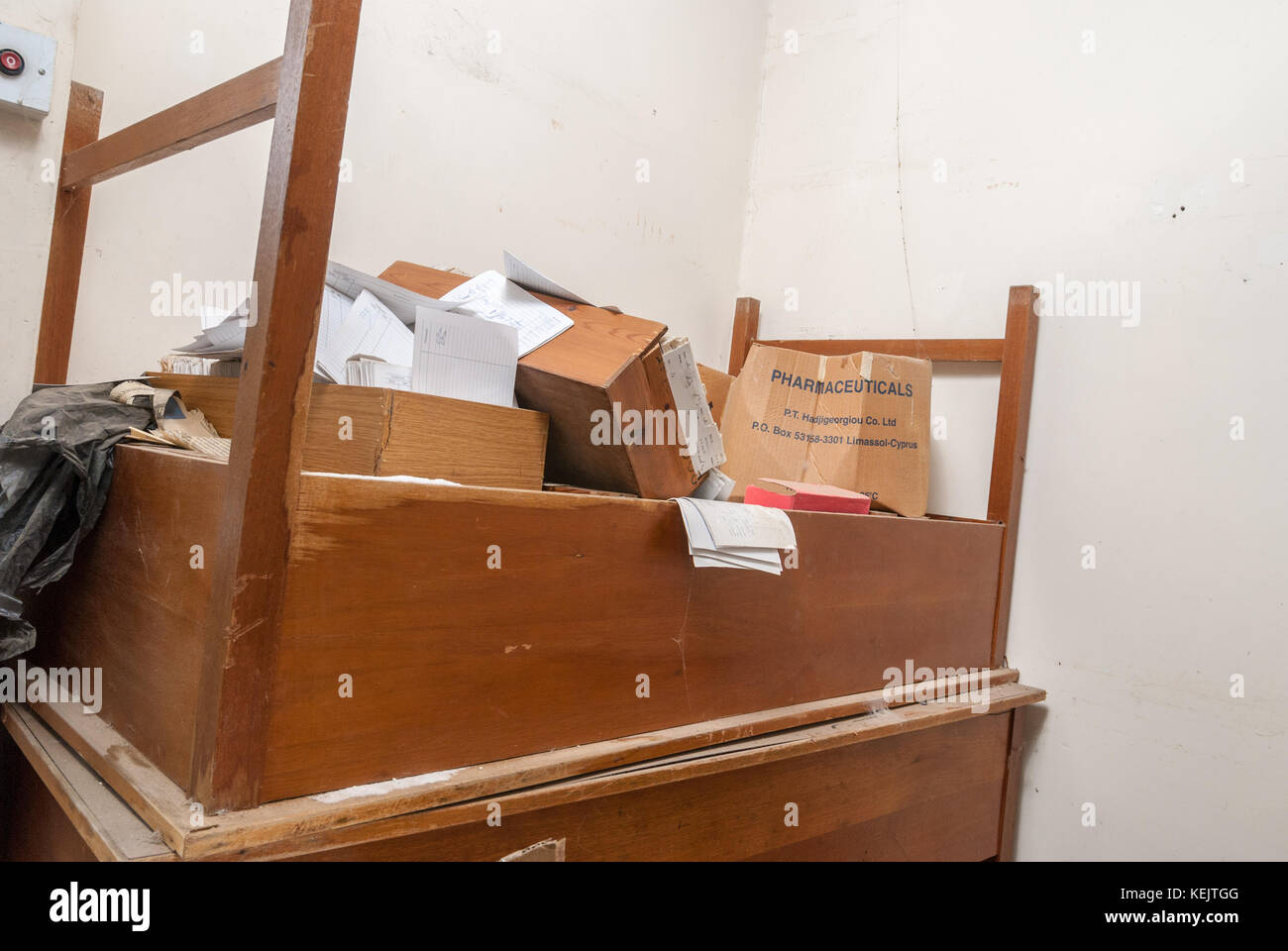 Office desk and documents in abandoned sanatorium - hospital room Stock ...