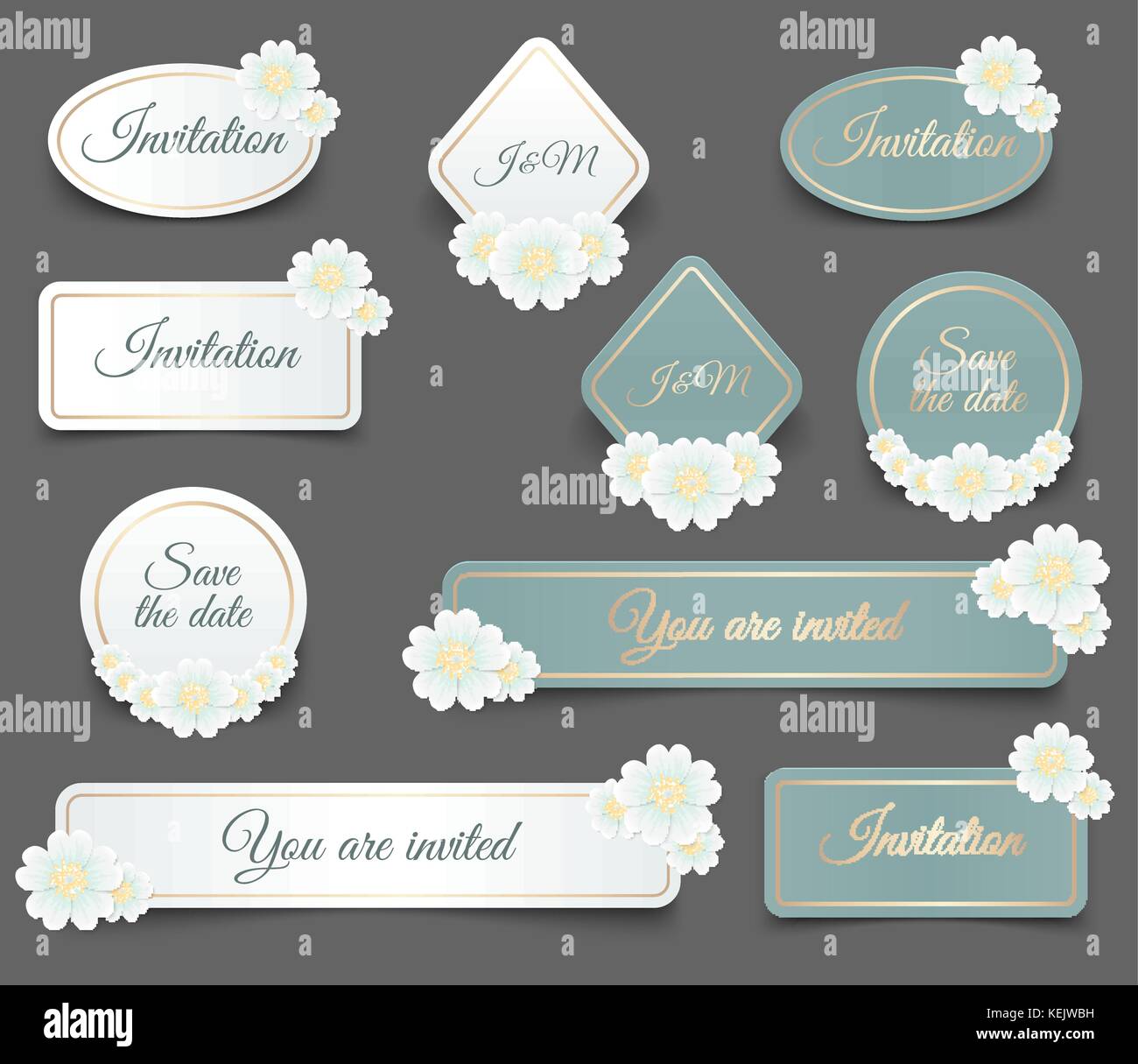 Realistic Vector label shape with golden frame and white daisy flower ...