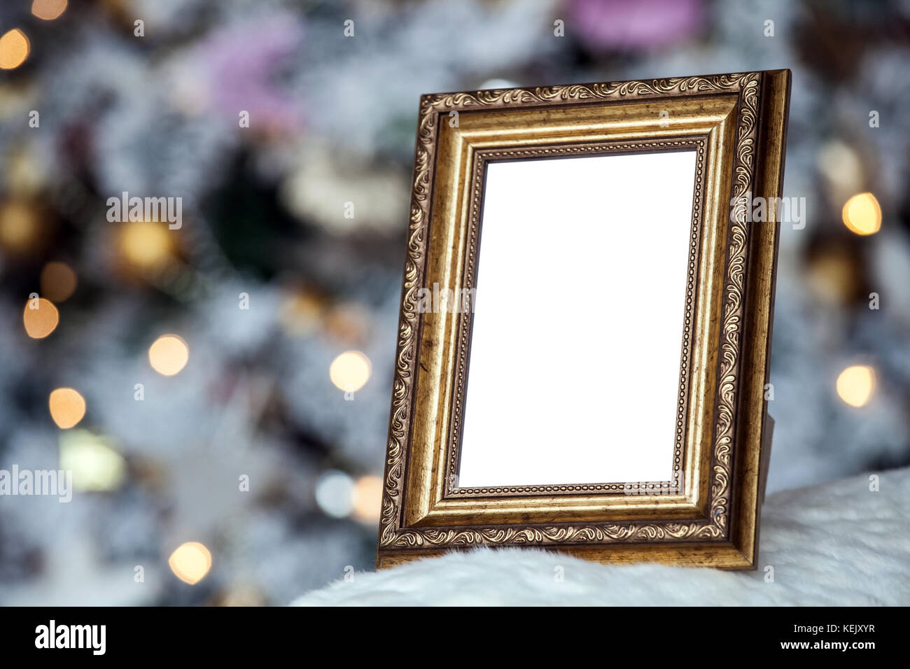 White photo frame with christmas background Stock Photo - Alamy