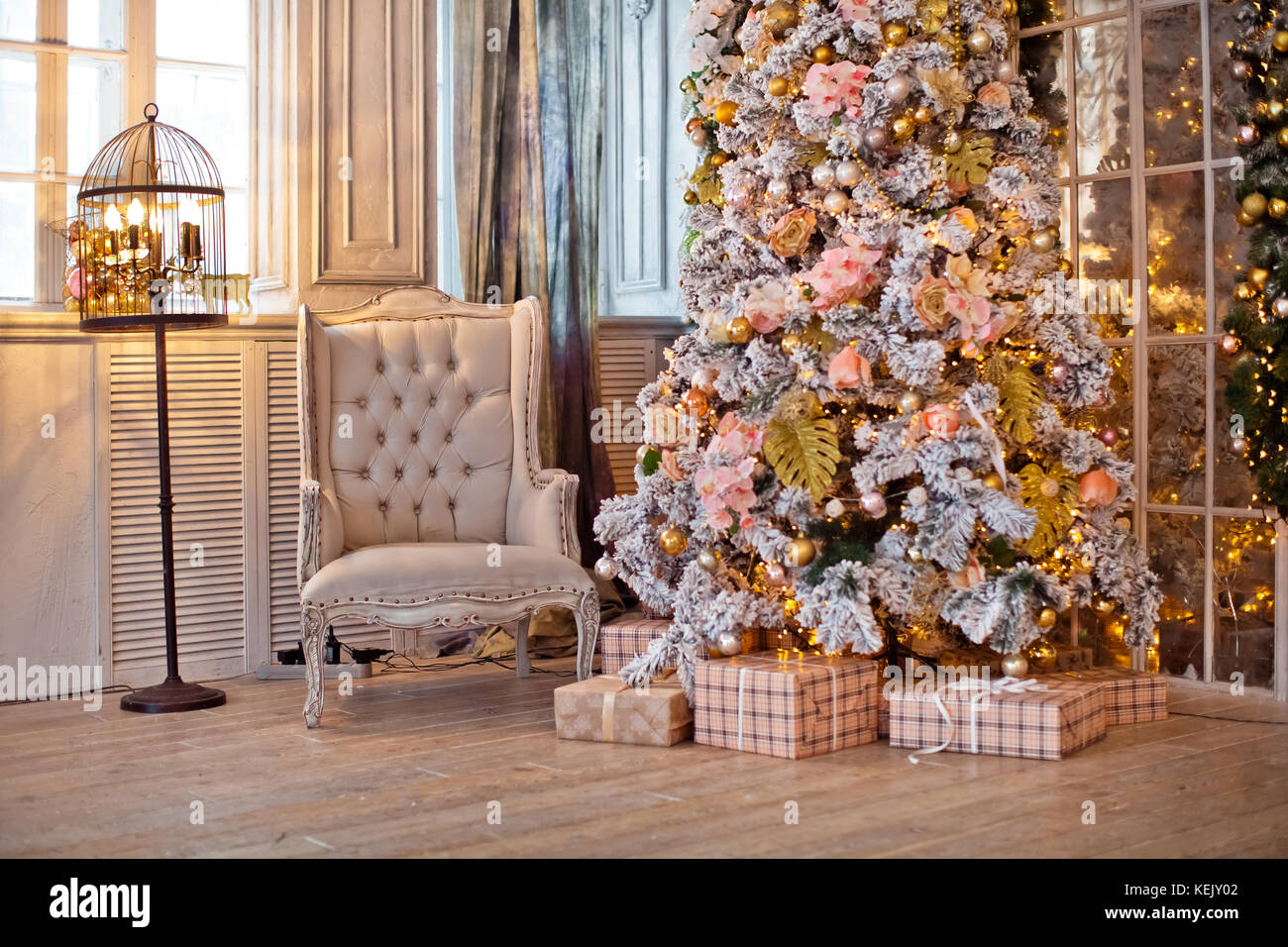 Classic white christmas interior background Stock Photo - Alamy