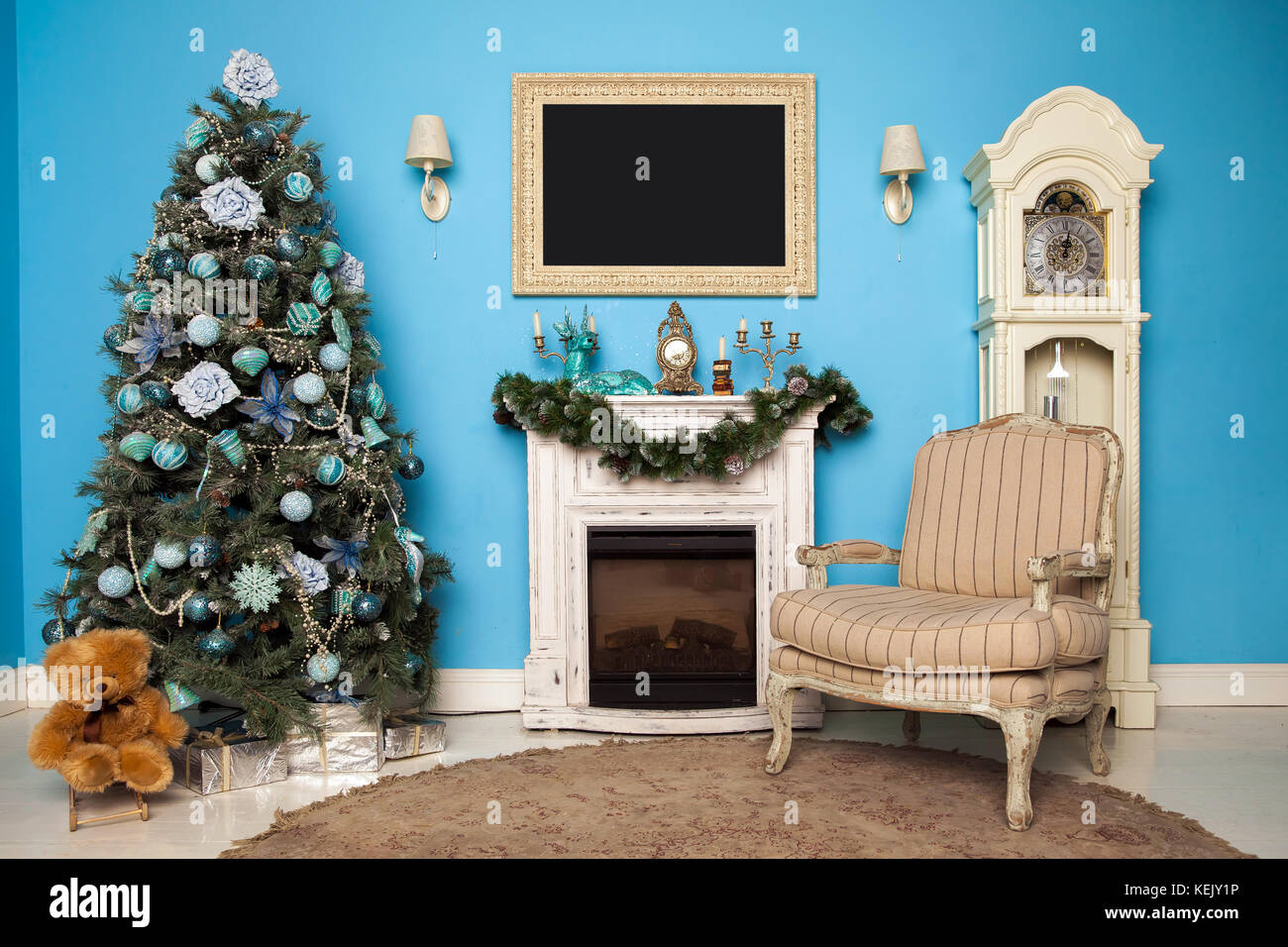 Green New Year tree decorated background Stock Photo - Alamy