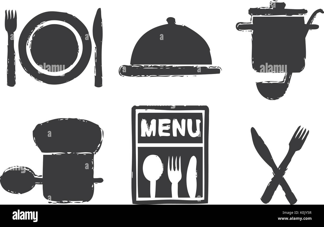Various hand drawn restaurant menu related silhouette icons Stock ...