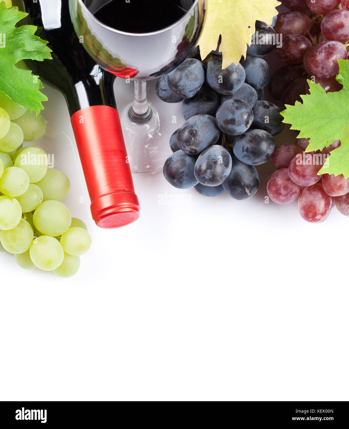 Wine and grapes. Isolated on white background. Top view with space for ...