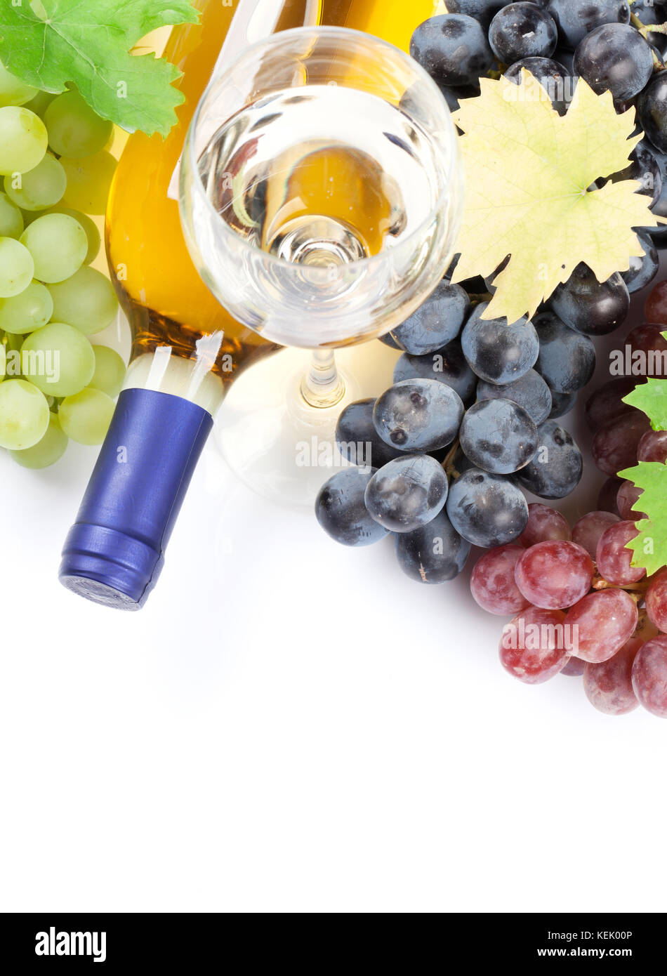 Wine and grapes. Isolated on white background. Top view with space for ...