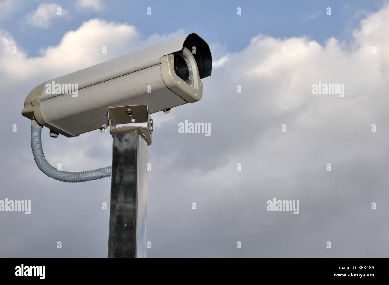 Outdoor Security cctv camera under Sun shine and White cloud in blue ...
