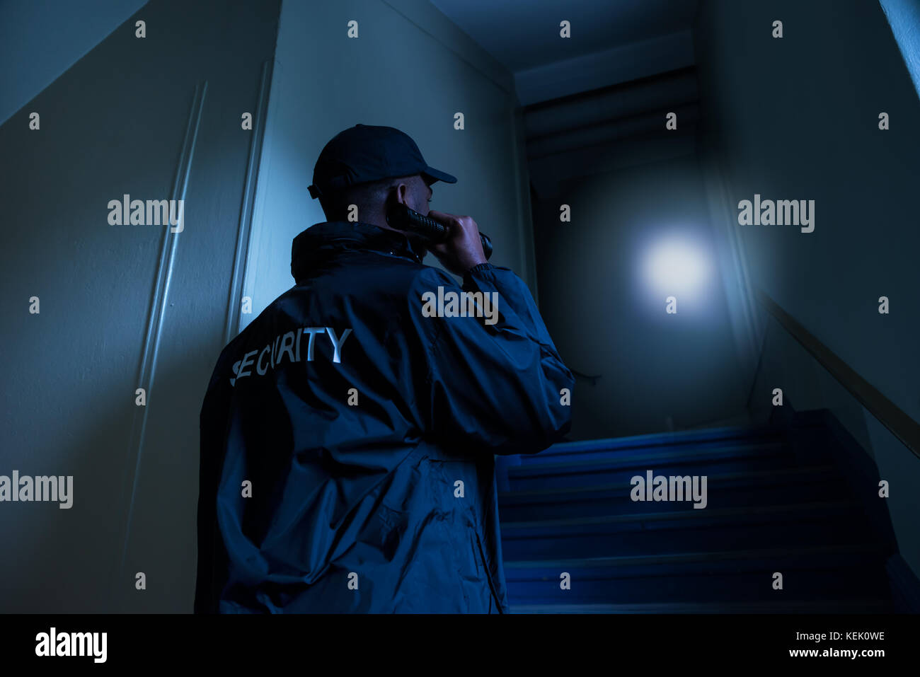 Rear View Of Male Security Guard Holding Flashlight Stock Photo - Alamy