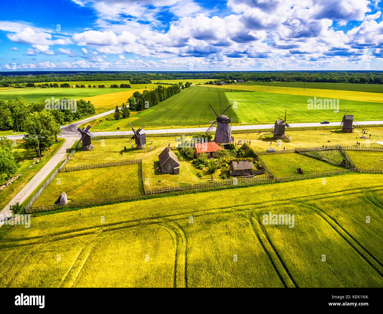 Saarema Island, Estonia: aerial top view of summer fields and Angla ...