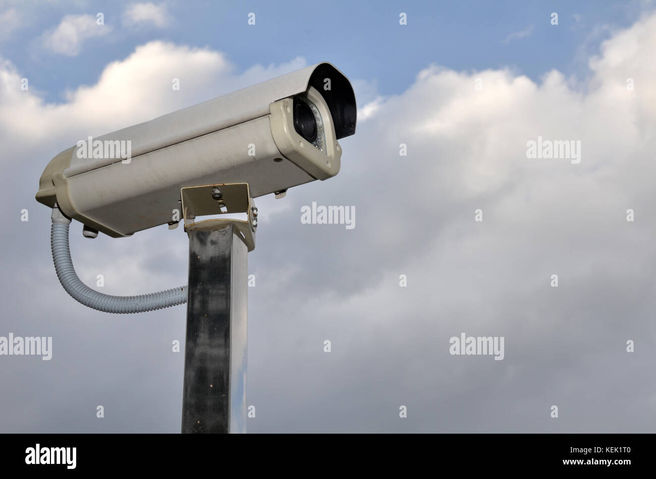 Outdoor Security cctv camera under Sun shine and White cloud in blue ...