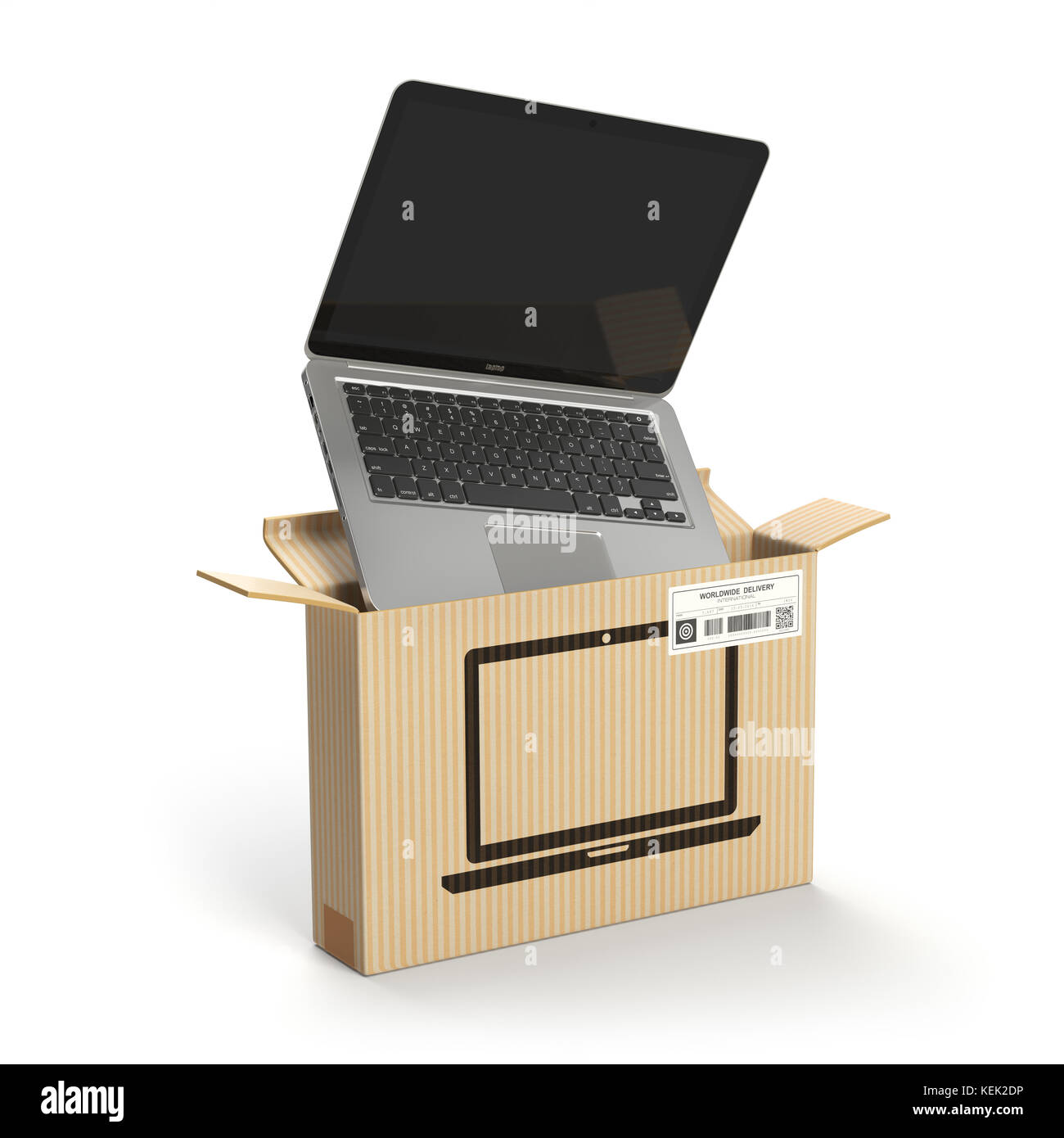 Laptop in carton cardboard box. E-commerce, internet online shopping ...
