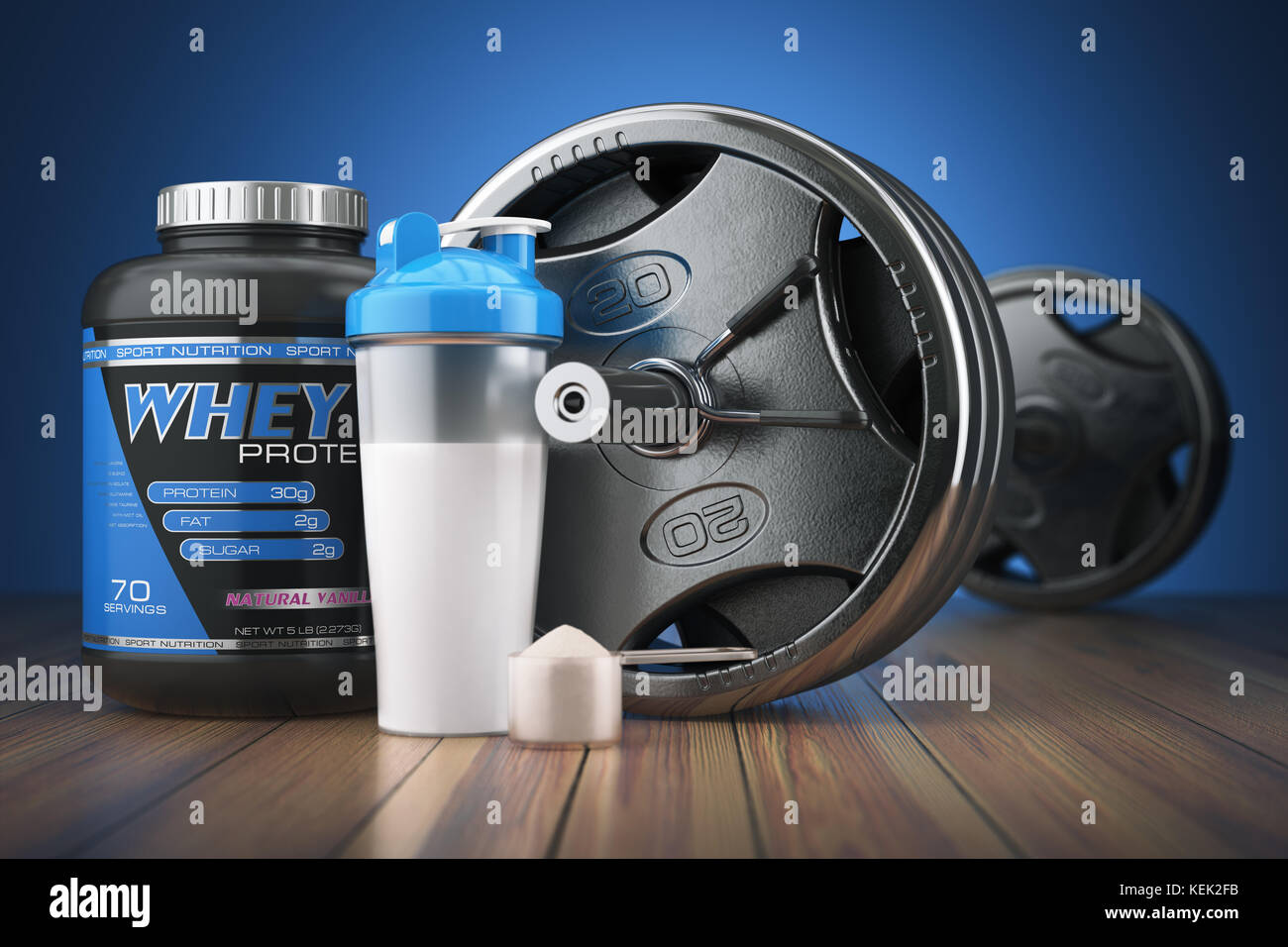 Barbell and whey protein shaker. Sports bodybuilding supplements or ...