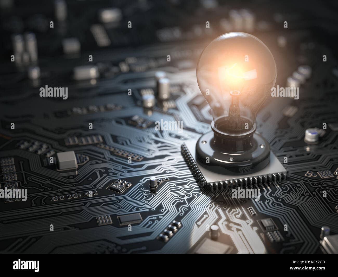 Glowing light bulb as CPU on motherboard circuit board. Idea creativity ...