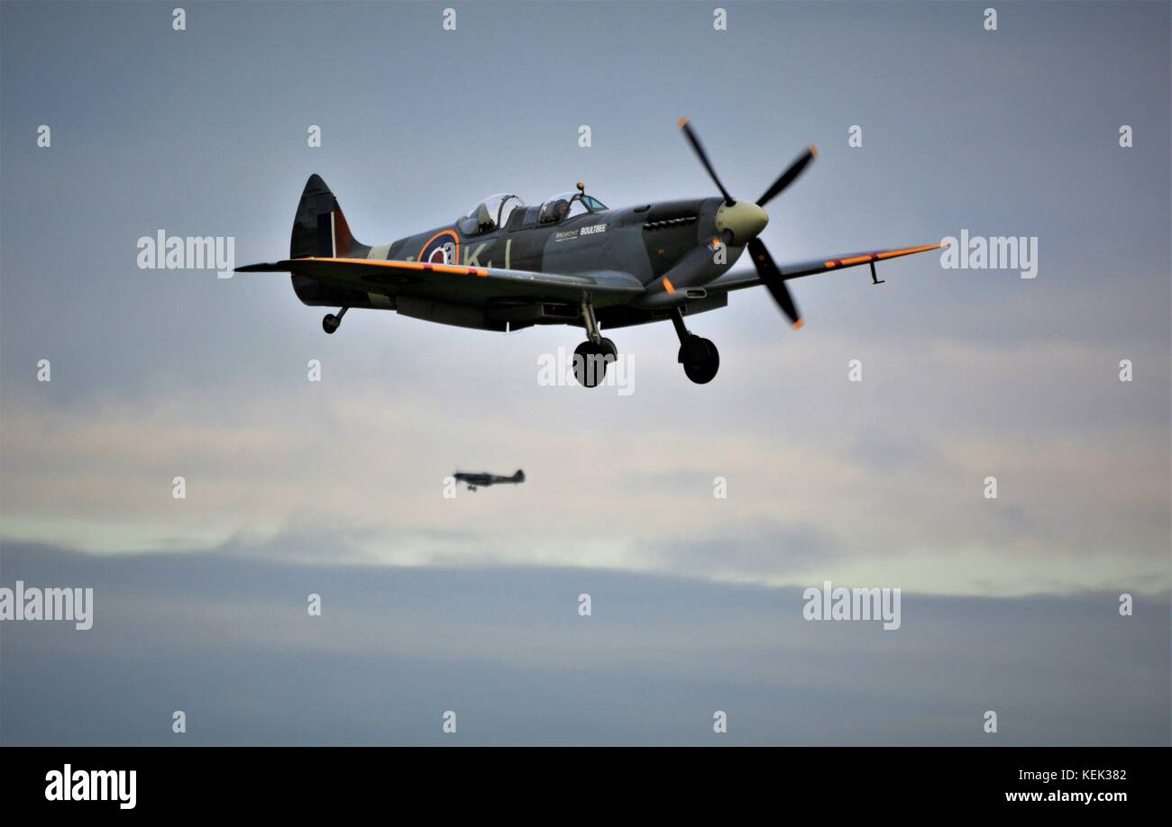 2 seat spitfire SM520 landing at Duxford in markings of KJ I Stock ...