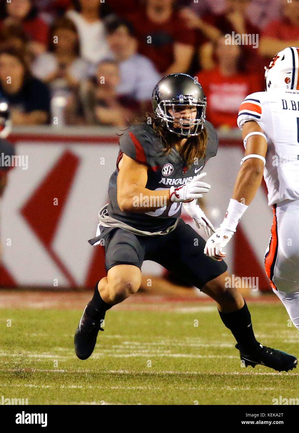 Oct 21, 2017: Razorback defensive back Reid Miller #38 eyes the ball ...