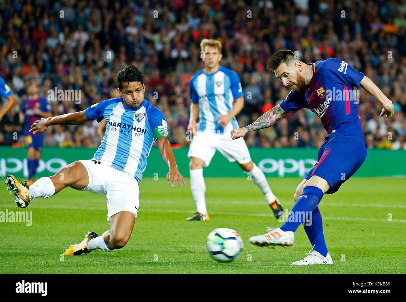 Leo Messi and Adrian during the match between FC Barcelona v Malaga CF ...