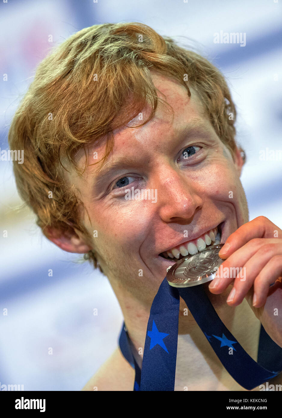 Germany's Joachim Eilers bites his silver medal after the Men's 1km ...