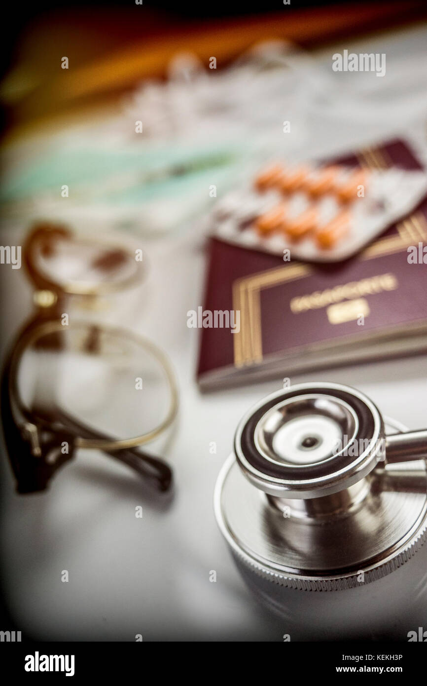 basic medicine elements to travel abroad, conceptual image Stock Photo ...
