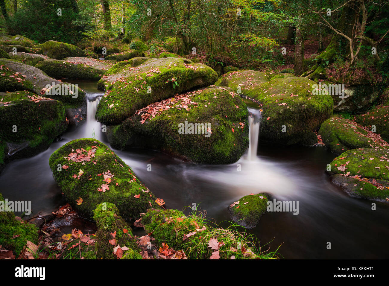Becky Falls in fall colors, Dartmoor National Park, Devon, UK Stock ...