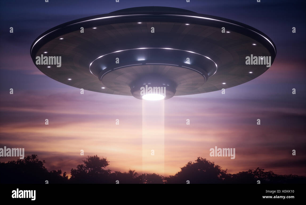 3D illustration. Spacecraft alien floating over the trees with tractor ...