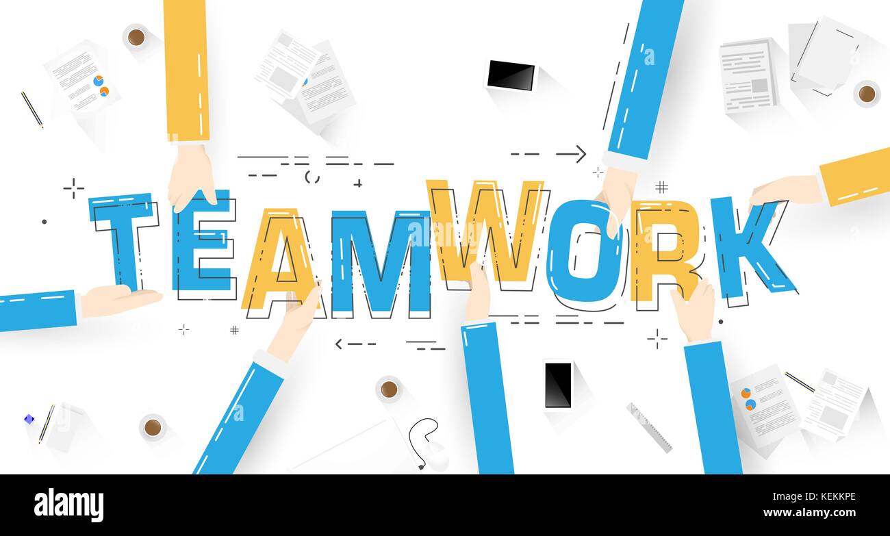 Business hands holding teamwork word on desk table. Flat vector cartoon ...