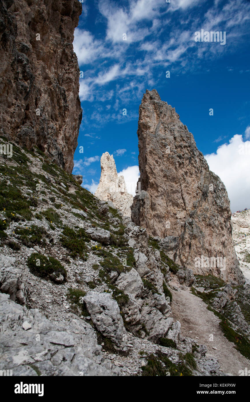 Limestone pillars and rock formations on the path between the Passo ...