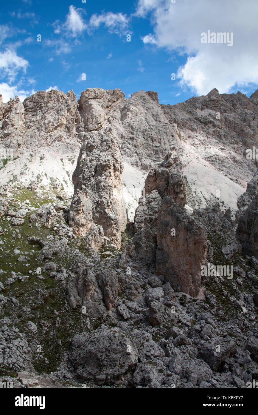 Limestone pillars and rock formations on the path between the Passo ...