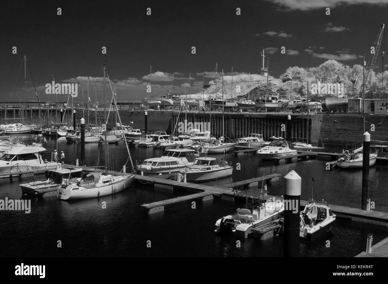 An infrared picture of a summertime view across the small busy harbour ...